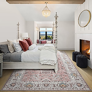 ULTSOFE Machine Washable Rug 4x6 Boho Area Rug, Pink Rugs for Bedroom Girls Bedside Living Room Dining Room Office, Anti Slip Low-Pile Stain Resistant Printed Vintage Floral Carpet