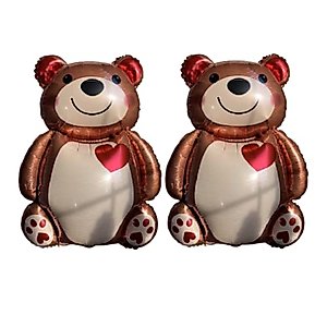 2Pcs Bear Foil Decoration Balloon Life-Sized for Birthday Party, Anniversary, Gender Reveal Party Gift for Girls and Boys Easy Inflating 26"x18", Brown, Red Color.