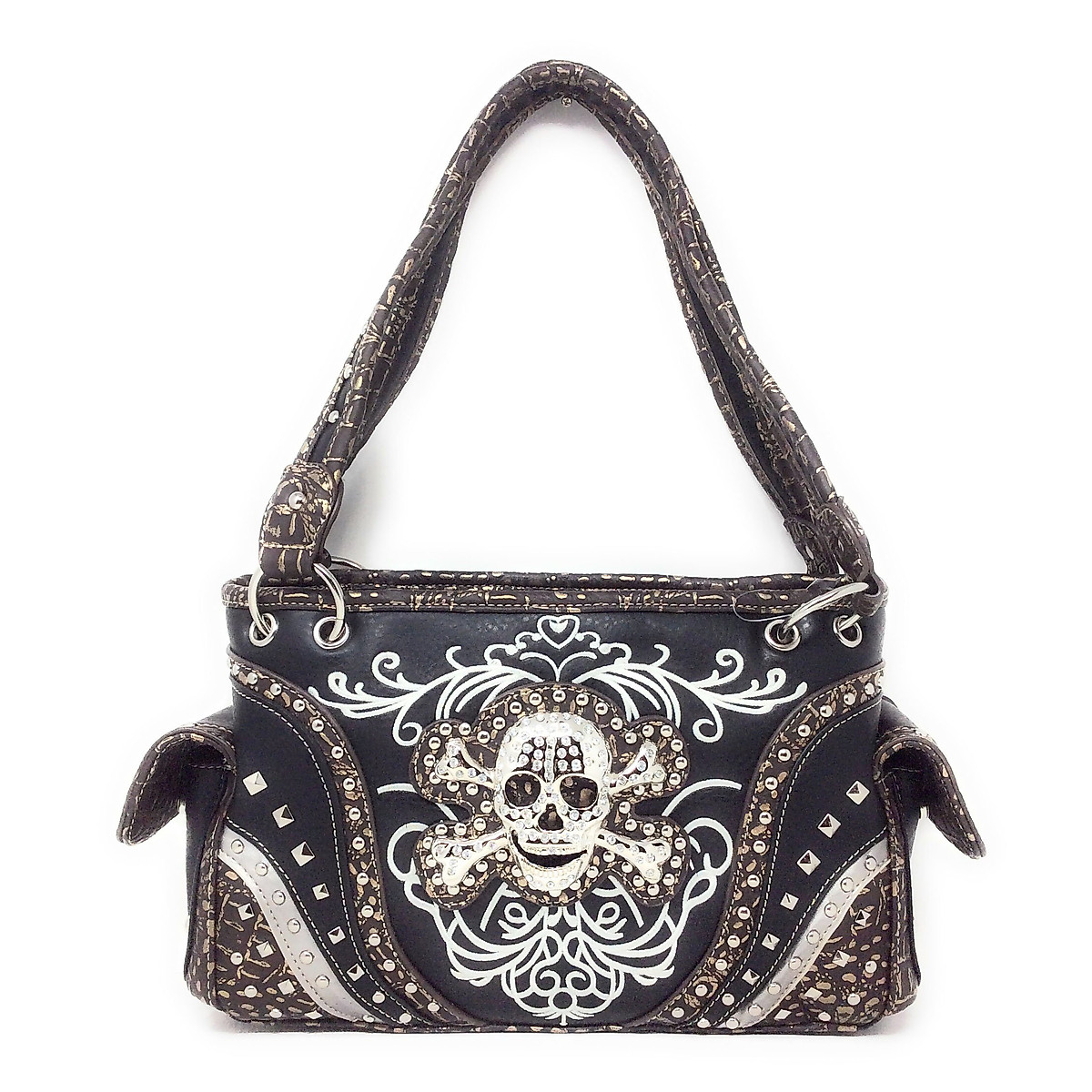 Texas West Rhinestone Embroidered Metal Skull Leather Womens Concealed Carry Handbag With Matching Wallet 6 colors (Black)