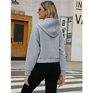 Gihuo Hoodies for Women Casual Waffle Cropped Sweatshirt Long Sleeve Drop Shoulder Drawstring Pullover Trendy Tops 2 Pockets (LightGrey-M)