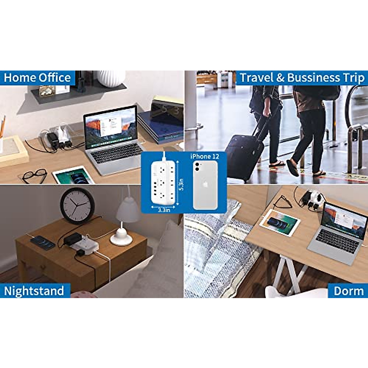 NTONPOWER Power Strip with USB, Flat Plug Power Strip with 4 USB Ports 6 Outlets, 5 Ft White Extension Cord, Overload Protection, Outlet Extender for Travel, Indoor, Home Office, Dorm Room Essentials