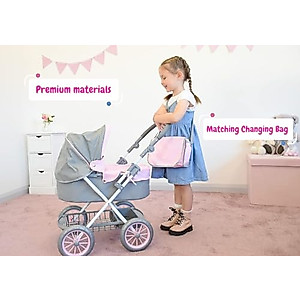 KOOKAMUNGA KIDS Baby Doll Stroller - Foldable Baby Stroller for Dolls - Play Stroller & Bassinet w/Retractable Canopy - Diaper Bag - Adjustable Soft Grip Handle - Ideal for 16” 18” & 20” Dolls