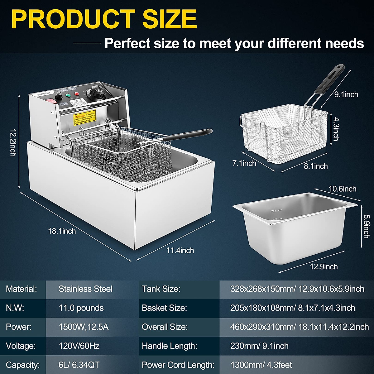 Wesoky Deep Fryer with Basket for Home and Commercial Use, 6.34QT/6L Food Capacity Electric Fryer, Stainless Steel Countertop Oil Fryer for French Fries, Chicken, Fish, Donuts, Wings