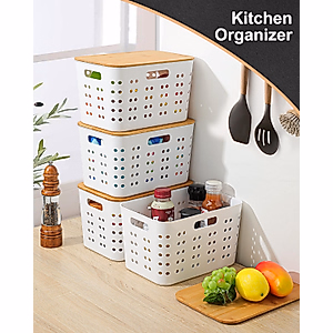 EOENVIVS Storage Bins With Lids Organization and Storage Containers with Bamboo Lids Storage Baskets Organizer for Shelves Drawers Desktop Bedroom Closet Playroom Classroom Office, Pack of 4