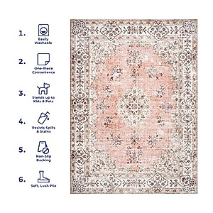 nuLOOM Ren Vintage Floral Machine Washable Area Rug, 5' x 8', Peach