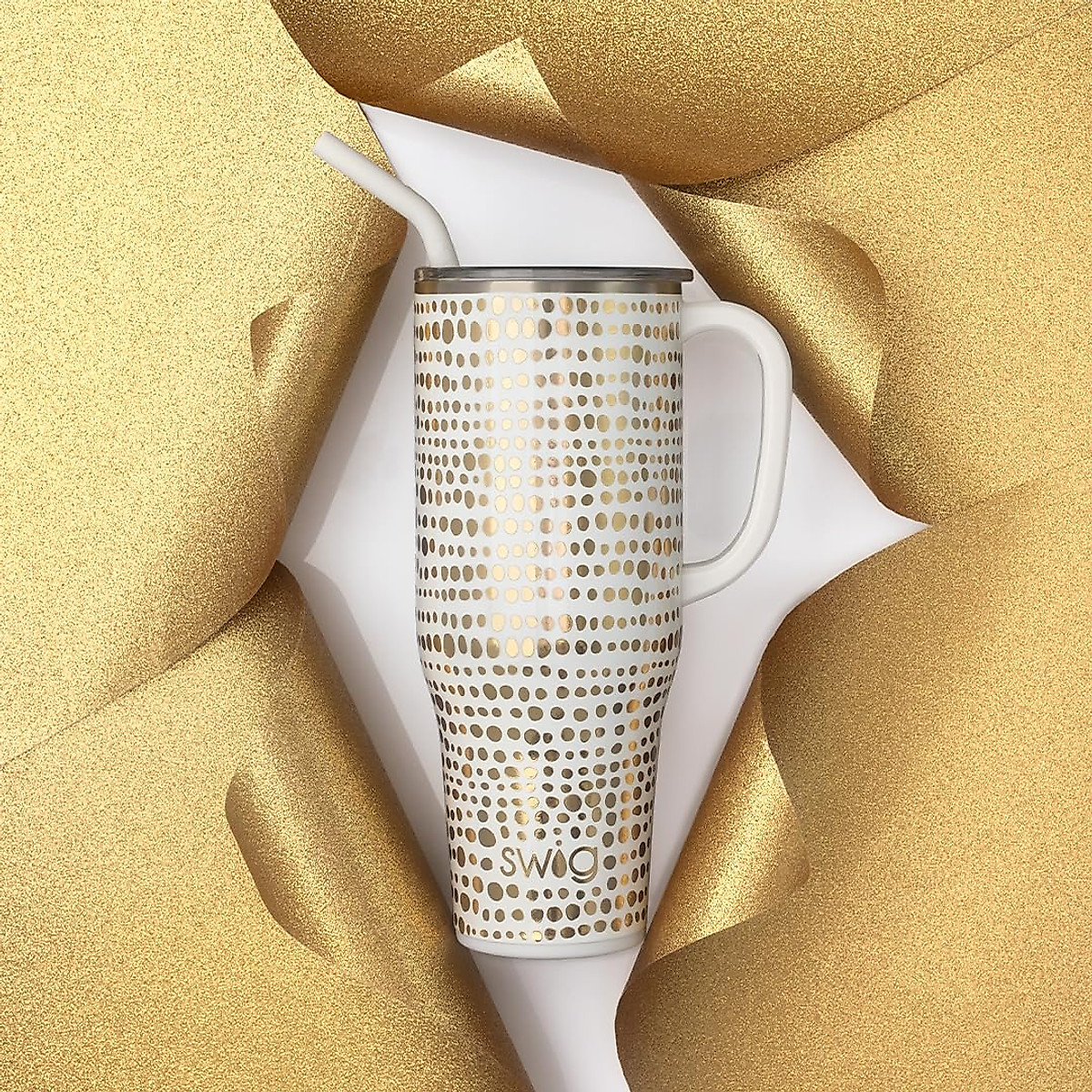 Swig Life 40oz Mega Mug, 40 oz Tumbler with Handle and Straw, Cup Holder Friendly, Dishwasher Safe, Extra Large Insulated Tumbler, Stainless Steel (Glamazon Gold)