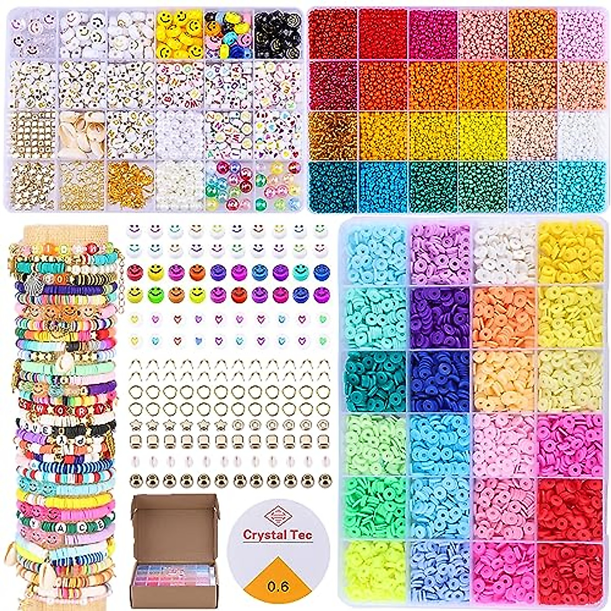 SJZWSD Friendship Bracelet Kit - 13000pcs Polymer Clay & Glass Seed Beads, 48 Colors, 6mm Heishi & 416 Letters Beads for Bracelet Making & Friendship Bead Creations