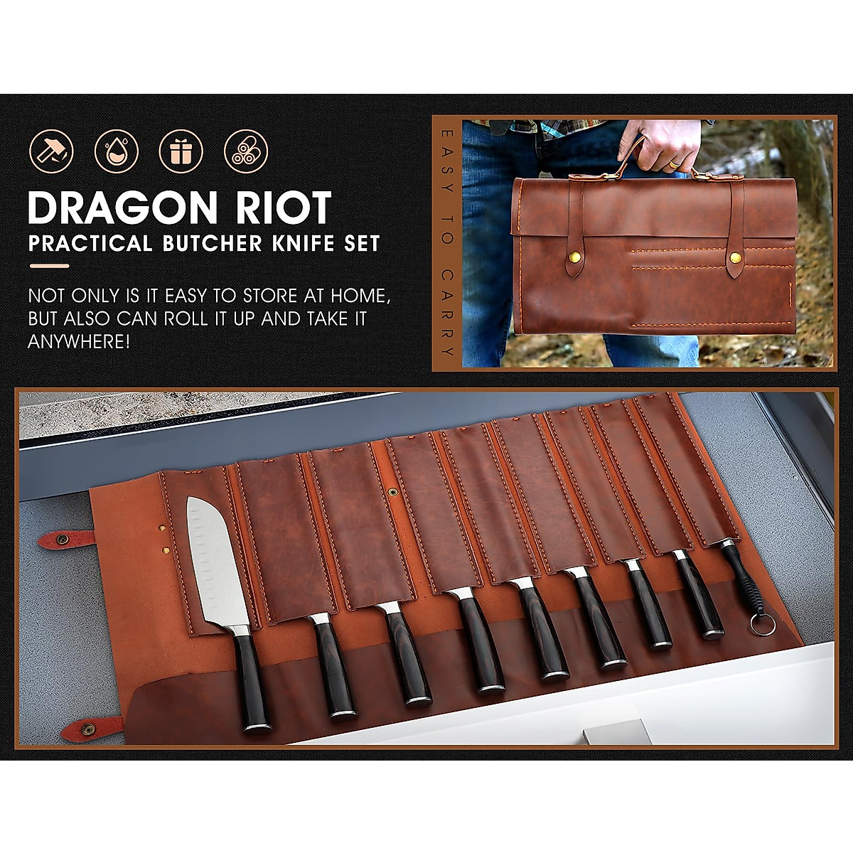 DRAGON ROIT Japanese Knives Set Damascus Pattern Chef Knife Set for Kitchen with Roll Bag, Sharp 14Pcs Stainless Kitchen Knife Set Brown Handle