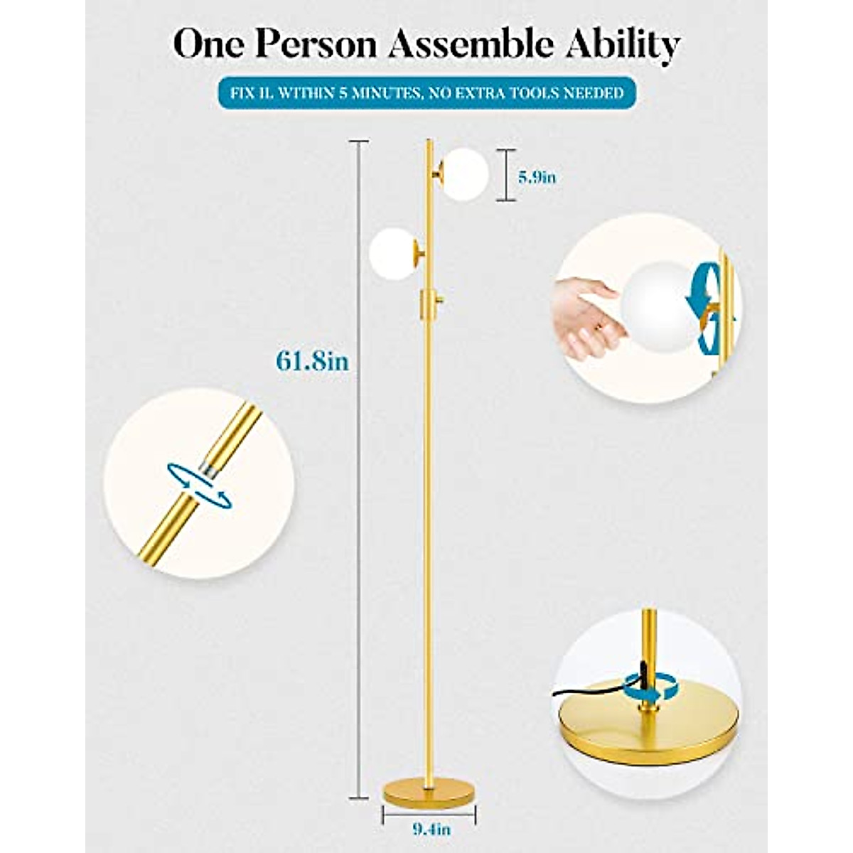 Dimmable Gold Globe Floor Lamp,Mid Century Modern Globe Lamp with 0%-100% Brightness 2pcs G9 LED Bulbs (Included) Plastic Shatterproof Lampshade,Tree Tall Lamps for Living Room/Bedroom/Sofa Corne