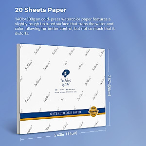 Paul Rubens Artist Quality Watercolor Paper, Painting Paper Acid-Free Cold Pressed 7.87'' x 5.43'', 100% Cotton 300gsm 20 Sheets, Art Supplies Watercolor Drawing for Beginners, Artists