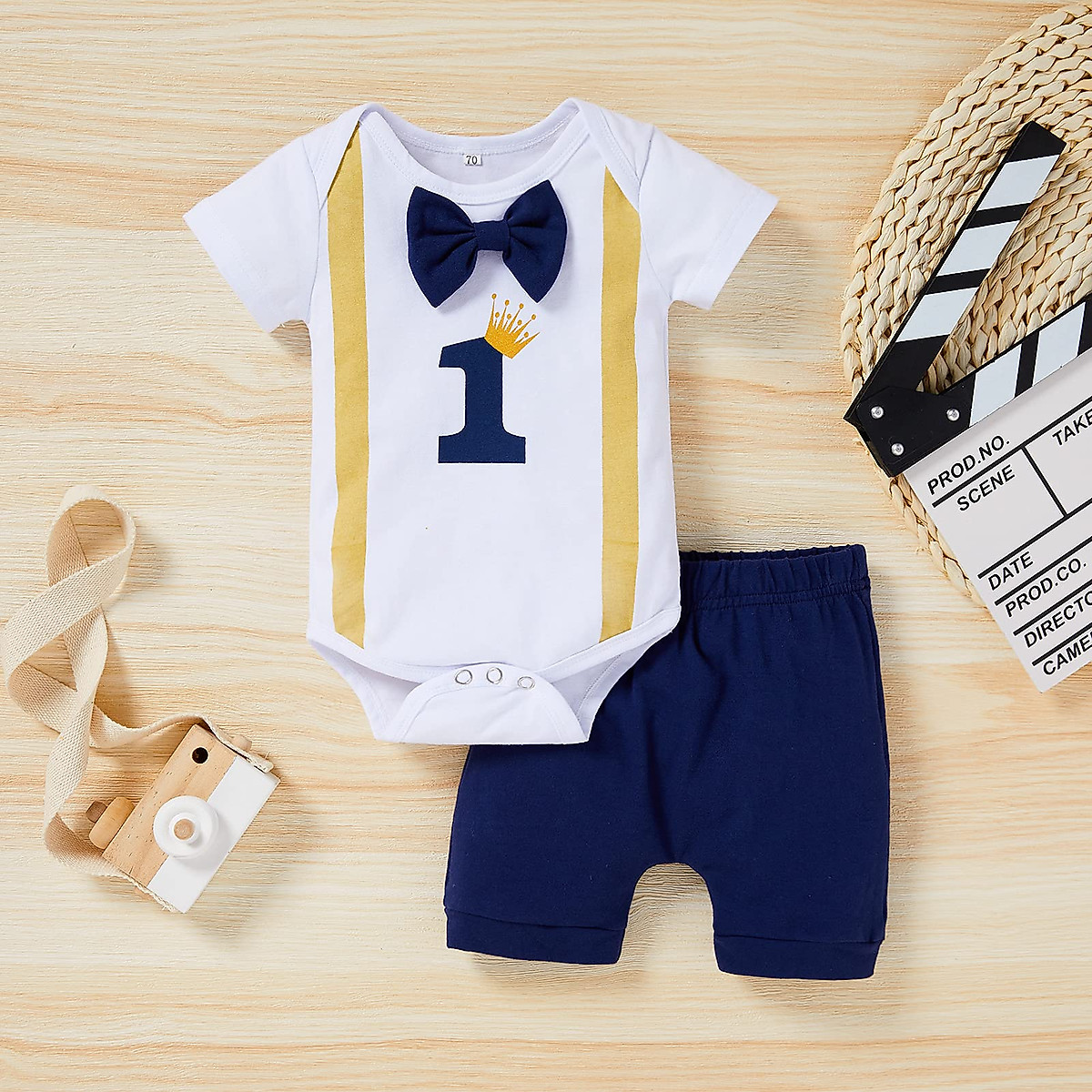 Viworld Baby Boy 1st Crown Birthday Shorts Set Infant Boy Gentleman Bow Tie Romper + One Shorts Cake Smash Outfits