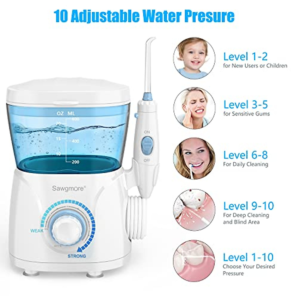 Sawgmore Water Flosser Oral Irrigator, 600ml Large Capacity, 10 Adjustable Pressures, Electric Flosser for Teeth/Braces, 8 Home Nozzles Professional Flosser Oral Irrigator(White)