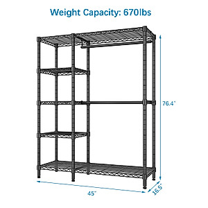 VIPEK V7 Basic Garment Rack for Hanging Clothes Heavy Duty Clothes Rack with Shelves, Portable Closet Rack Metal Clothing Rack 5 Tiers Freestanding Closet Wardrobe System, Max Load 670lbs, Black