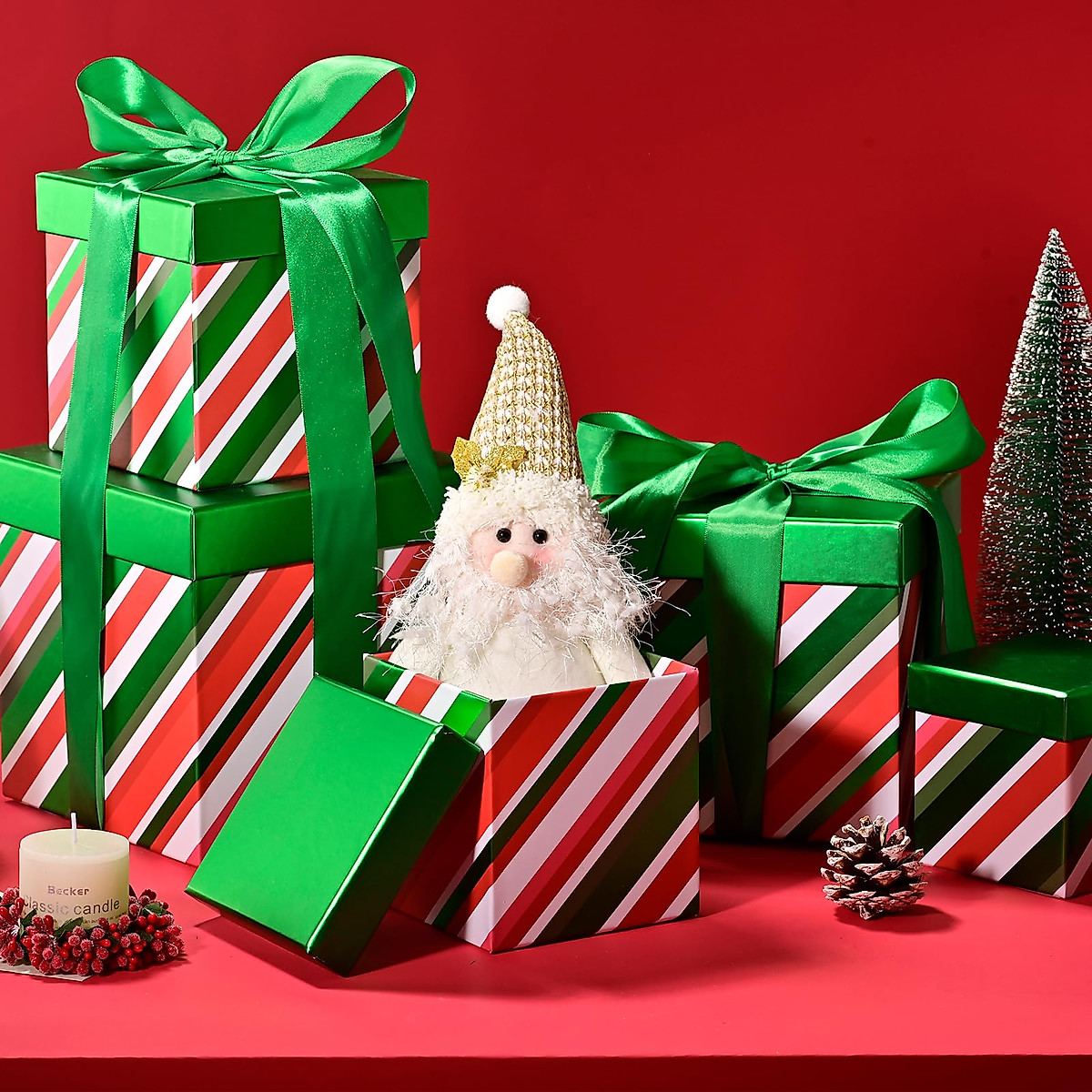 PAPER FAIR 5PCS Christmas Nesting Gift Boxes with Lid, Xmas Nested Box Set, 5 Sizes, Square Stackable, Green Red Stripe Paper Box Tower Décor with Satin Ribbon, for Holiday Thanksgiving New Year