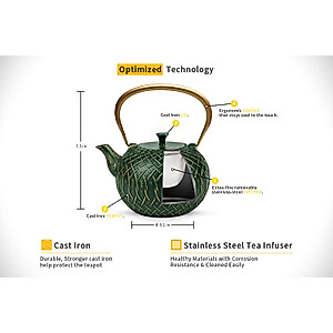 Tea Kettle, Toptier Japanese Cast Iron Tea Kettle for Stove Top, Stovetop Safe Teapot with Infusers for Loose Tea, 34 Ounce (1000 ml), Dark Green Melody