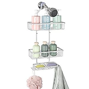Shower Caddy Over Shower Head, Hanging Shower Caddy, Rustproof Shower Organizer with Hooks for Razor/Sponge, Over The Shower Head Caddy with Soap Basket (Silver))