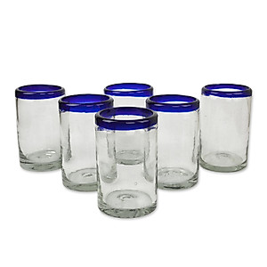 NOVICA Artisan Crafted Hand Blown Clear Cobalt Blue Rim Recycled Glass Tumblers,14 Oz. 'Classic' (Set Of 6)