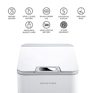 Ninestars DZT-10-35 2.6 Gal / 10L, White Plastic, Square Shape, Motion Sensor Trash Can