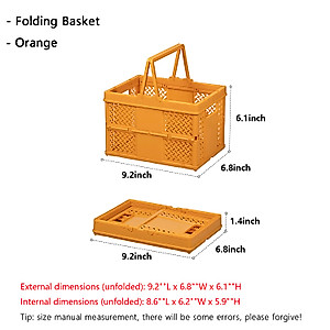 Xhwykzz Plastic Basket with Handle, Folding Pastel Crates for storage, Storage Basket for kitchen living-room Desktop Shelf Organing (Orange) 9.2""L x 6.8""W x 6.1""