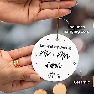 Custom christmas Mr & Mrs ornament for holiday, personalized ceramic just married name baubles gifts for home tree decoration, christmas bauble, keepsake xmas gift for couples (Mr and Mrs)