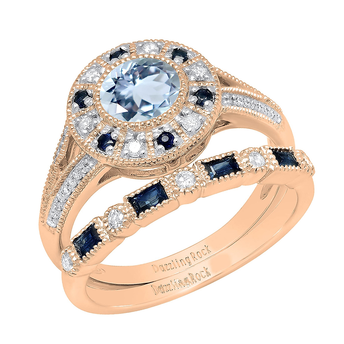 Dazzlingrock Collection 6mm Centre Round Aquamarine with Round White Diamond & Baguette Alternating Blue Sapphire Halo Miligrain Wedding Ring Set for Women in 10K Rose Gold Size 9.5