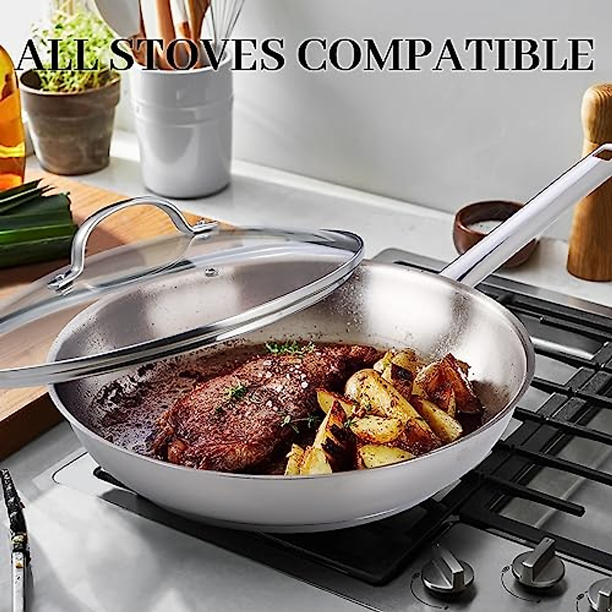 Deluxe Oil Gather Pro Stainless Steel Skillet, 11 Inch Frying Pan with Lid for Cooking, Prefesstional Cookware with Long and Stay Cool Handle Suit for All Stoves Induction Oven Dishwasher Safe
