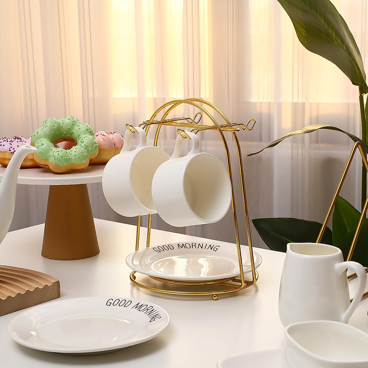 jojofuny Golden Metal Tea Mugs Display Stand 4 Hook European Style Cups Holder Tree Wrought Iron Saucer Organizer Rack for Coffee Home Jewelry Entryway Key Bar Accessories