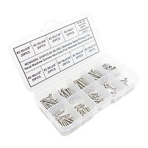MCMASKE 310PCS #2-56 UNC Stainless Steel Phillips Pan Head Machine Screws Hex Nuts Flat Washers Assortment Kit