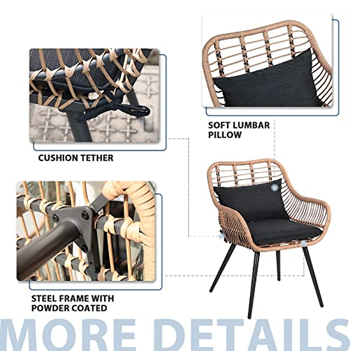 JOIVI 3 Piece Outdoor Wicker Furniture Bistro Set, Patio Rattan Conversation Set with Round Glass Top Coffee Side Table, Cushions and Lumbar Pillows for Porch, Backyard, Deck