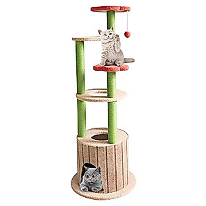 SENNAUX 51in Cat Tree Multi-Level Cat Tower Cat Condo Cat Activity Tree with Sisal Scratching Post Cat Climbing Flower Tower House for Cats Kittens Pets 6 Layers(Light Brown&Red)