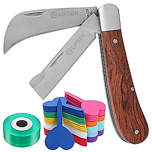 BaiCarre 102pcs Garden Tool Set,Grafting Knife is with 2-Blades Design (Curved and Straight) for Pruning,100 Pcs Plastic Plant Labels,2PCS Grafting Tape