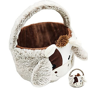 Highland Cow Easter Basket, Plush Cute Bag Buckets With Plush Ear, Small Mini Easter Storage Tote Bag For Candy Egg (White)