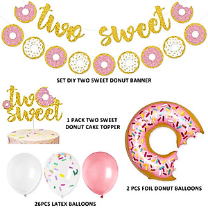 Levfla Two Sweet Donut Party Decoration Baby Second Birthday Glitter Doughnut Banner Cake Topper Sprinkles Balloons Kids Party Favor Ideas Supplies