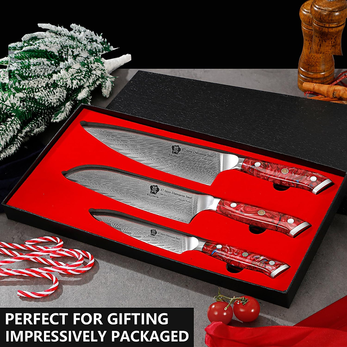 WILDMOK Damascus Kitchen Knife Sets 3 PCS, Razor Sharp Kitchen Knives Made of Japanese Damascus Steel, Well-Balanced Damascus Chef Knife set with Premium Resin Full Tang Handle Triple Rivet Gift Box