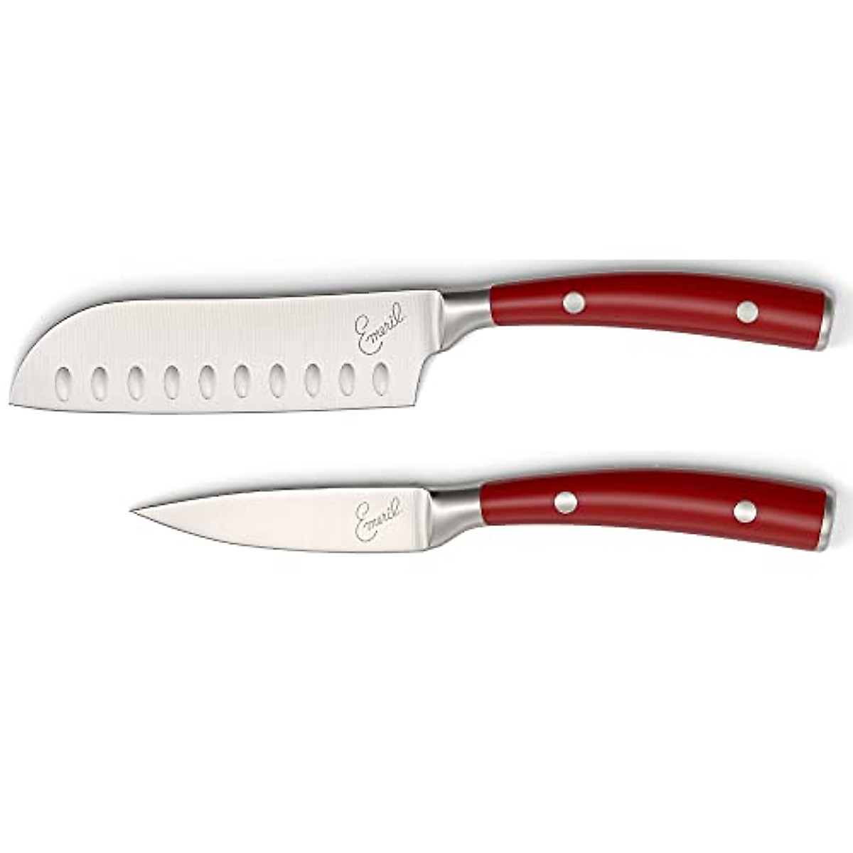 Emeril Lagasse 2 Piece Knife Set 5" Santoku 3.5" Paring Knife Forged Steel Clad Emerilware (Red)