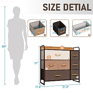 VredHom Wide Fabric Dresser Tower, 7 Drawers Fabric Closet Dresser Closets Storage Units with Sturdy Steel Frame, Wood Top & Easy Pull Fabric Bins for Bedroom, Living Room, Hallway, Entryway, Closets
