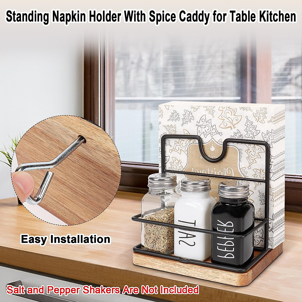 Livabber Napkin Holder, Metal Napkin Holder with Salt and Pepper Shakers Caddy Modern Napkin Dispenser for Table Kitchen Countertop, Not Including Salt and Pepper Shakers (Middle Wooden, Black)