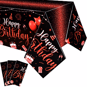 Tudomro 3 Pcs Happy Birthday Tablecloths Happy Birthday Party Decorations Plastic Table Cover Rectangular Cloths for Women Men Baby Shower Party Supplies, 108 x 54 Inch (Black Red)