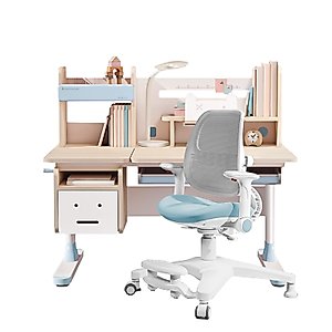 FCD Wood Adjustable Height Kids Study Desk with Chair Drafting Table Computer Station Built-in Bookshelf Hutch Multi Function (Blue, Desk and Chair)