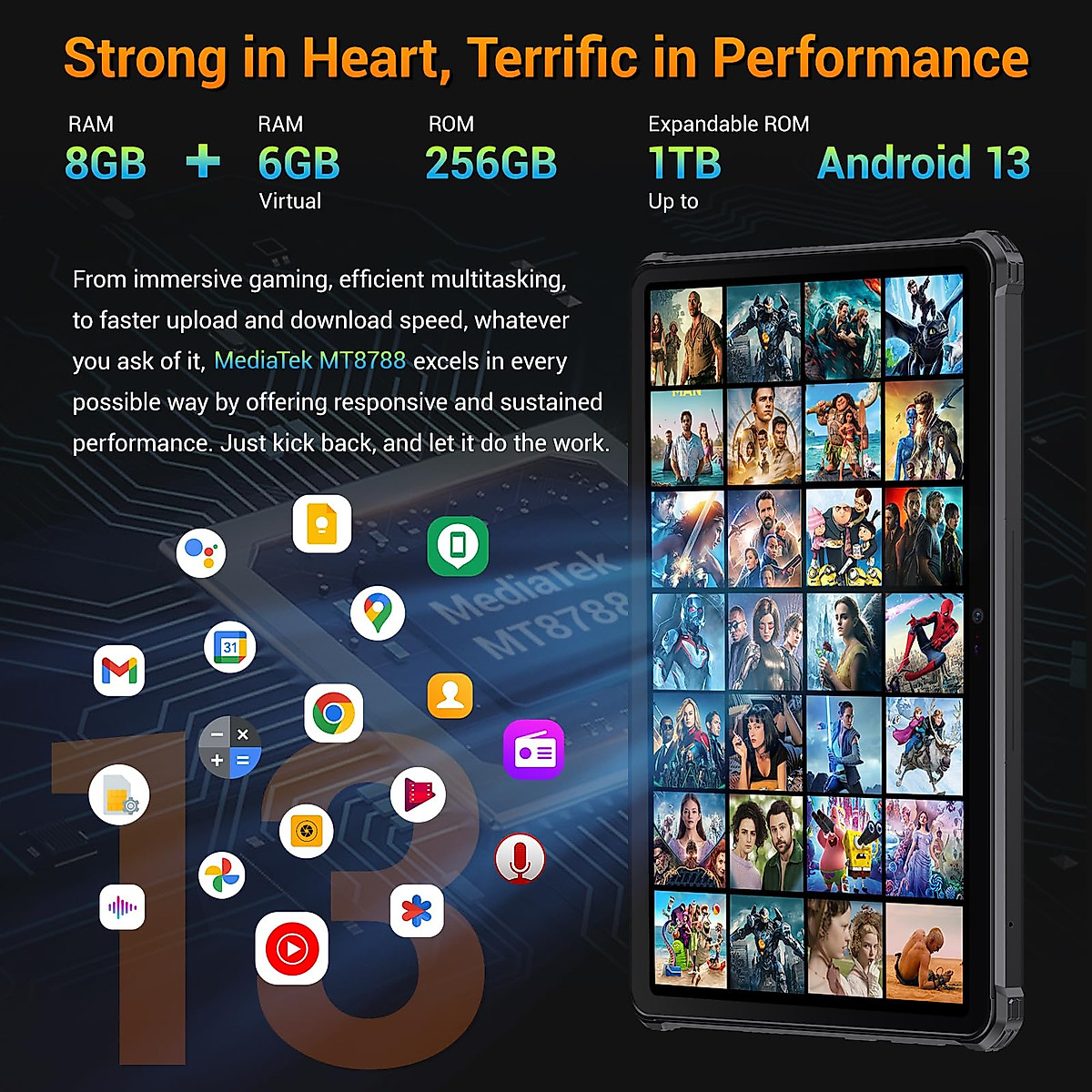 OUKITEL RT6 Rugged Tablet Android 13,20000mAh Long Lasting Battery,14GB+256GB (1TB Expandable),10.1”FHD+ Screen,16MP+16MP Camera Outdoor Tablet PC with Detachable Stand,4G Dual SIM/5G WiFi(Orange)