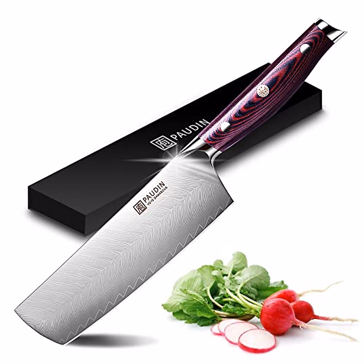 PAUDIN Damascus Nakiri Knife,7 Inch Japanese Damascus 67-layers VG10 High Carbon Stainless steel Knife, Ultra Sharp Vegetable Knife, Plume Pattern Kitchen Knife with Ergonomic G10 Handle