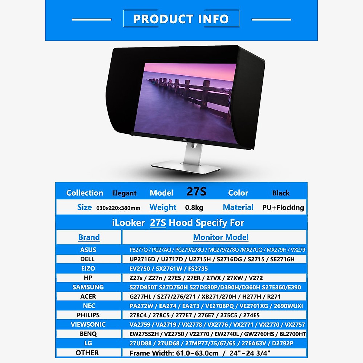 iLooker-27S 27 inch Ultr-Slim Frame LCD LED Video Monitor Hood Sunshade Sunhood for Dell HP Viewsonic Philips Samsung LG EIZO NEC ASUS ACER BENQ AOC Lenovo, Fits Monitor Frame Width 610-630mm