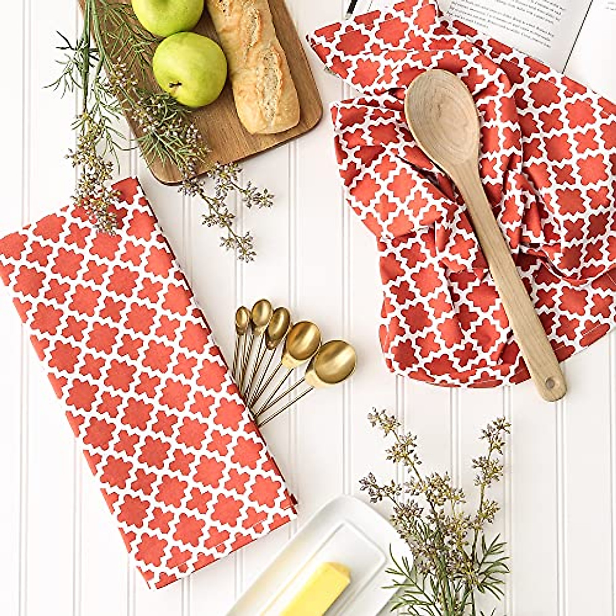 DII Lattice Basics Collection Kitchen Essentials, Dishtowel Set, Vintage Red, 2, Piece