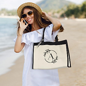 SANDJEST Stainless Steel Tumbler 40oz with Handle Initial A and Canvas Tote Bag