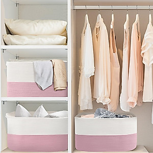 MEGASKET XXXL Pink Storage Basket, 23.6" x 15.7" x 14.1" Rectangle Cotton Rope Basket, Extra Large Blanket Basket, Kids Toy Basket Bins, Wicker Woven Basket, Decorative Basket Gift for Nursery Storage