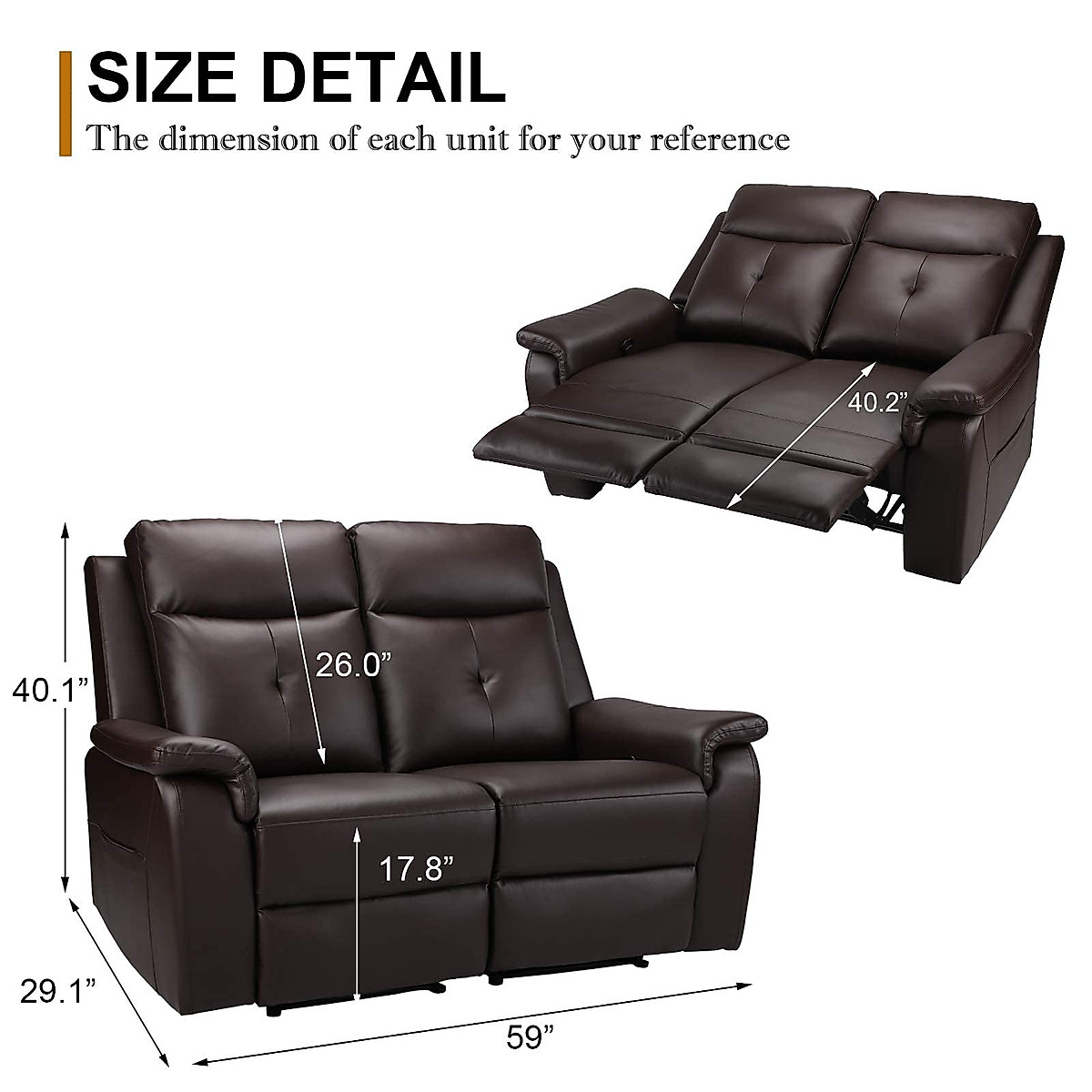 VUYUYU 2 Seater Recliner Sofa - Double Reclining Loveseat with Massage & Heating - PU Leather Home Theater Seating Manual Recliner Motion Living Room Chair (Brown)