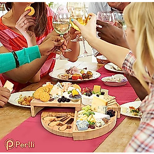 PERLLI Bamboo Cheese Board & Knife Set, Large Folding 18 Inch Round Wood Rotating Charcuterie Board Set Cheese Meat Wine Serving Tray Platter, Home Decor Holiday Gift Set