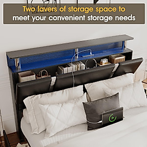 Fameill Queen Bed Frame with 4 Drawers & Storage Headboard, Modern Upholstered Faux Leather Platform Bed with LED Lights, Charging Station, No Box Spring Needed, Black