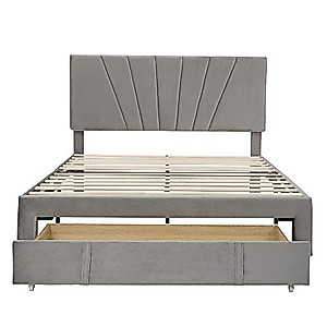 Livavege Queen Bed Frame with Wingback Headboard and Storage Drawers, Velvet Upholstered Platform w/Wooden Slats Support, Queen Size Bedframe No Box Spring Needed, Easy Assembly/Mattress Foundation