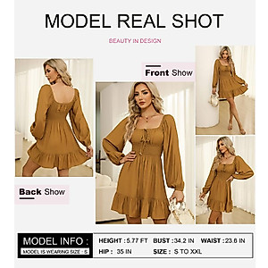 Dokotoo Womens Square Neck Sexy Dresses Long Lantern Sleeve Ruffle A-Line Brown Dresses for Women Smocked Tie Bow Elastic Waist Short Mini Dresses Large